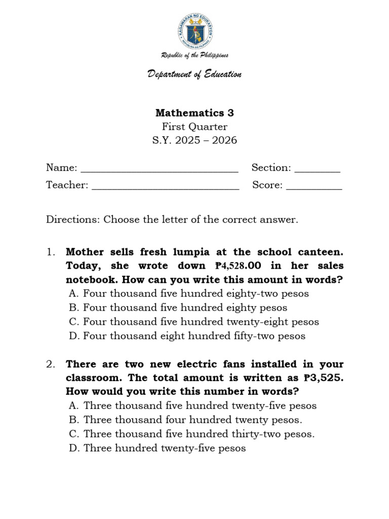 Math 3 Q1 Ruqa 1-30 Sy 2025-2026 | PDF | Currency