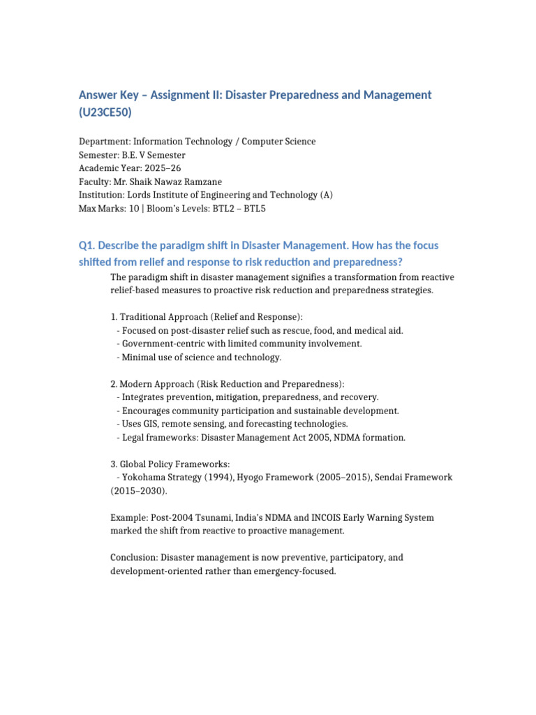 Assignment2 Detailed AnswerKey Disaster Management | PDF | Emergency Management | Disaster Risk ...