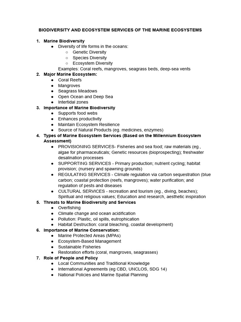 Biodiversity and Ecosystem Services of The Marine Ecosystems | PDF