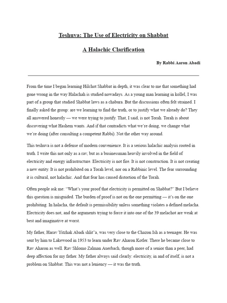 Electricity Use on Shabbat: Halachic Insights | PDF | Halakha | Jewish ...
