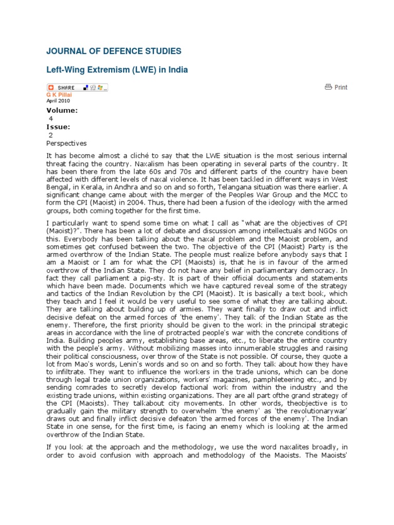 Journal of Defence Studies Left-Wing Extremism (LWE) in India ...