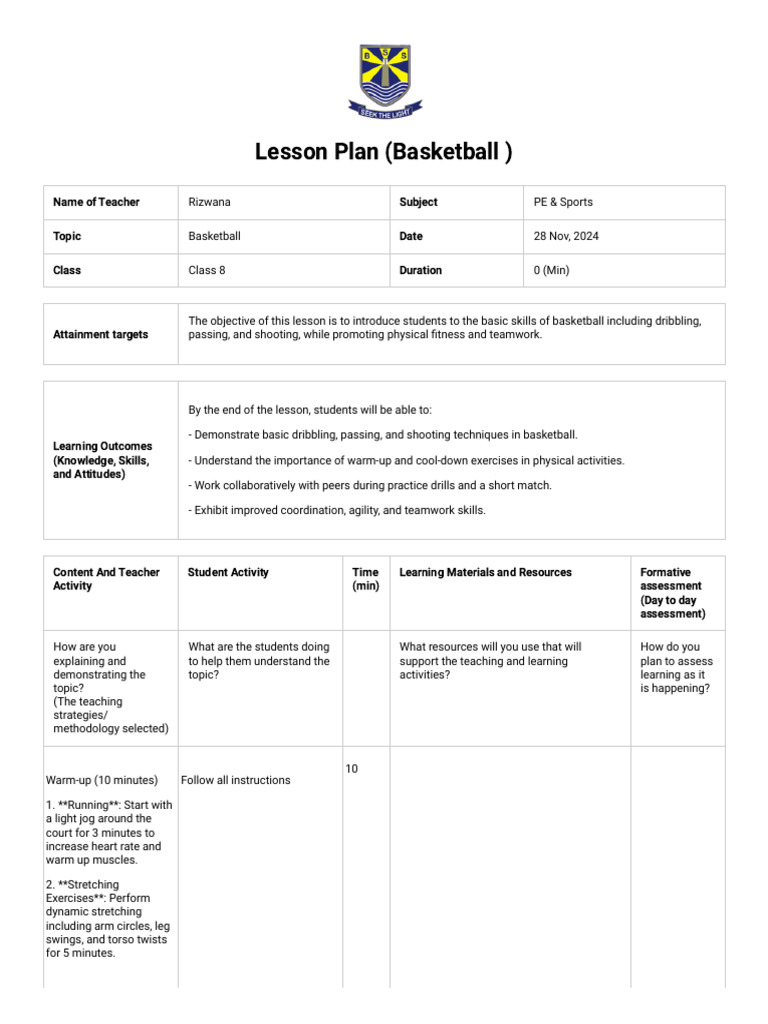 Basketball Skills Lesson Plan | PDF | Learning | Cognition