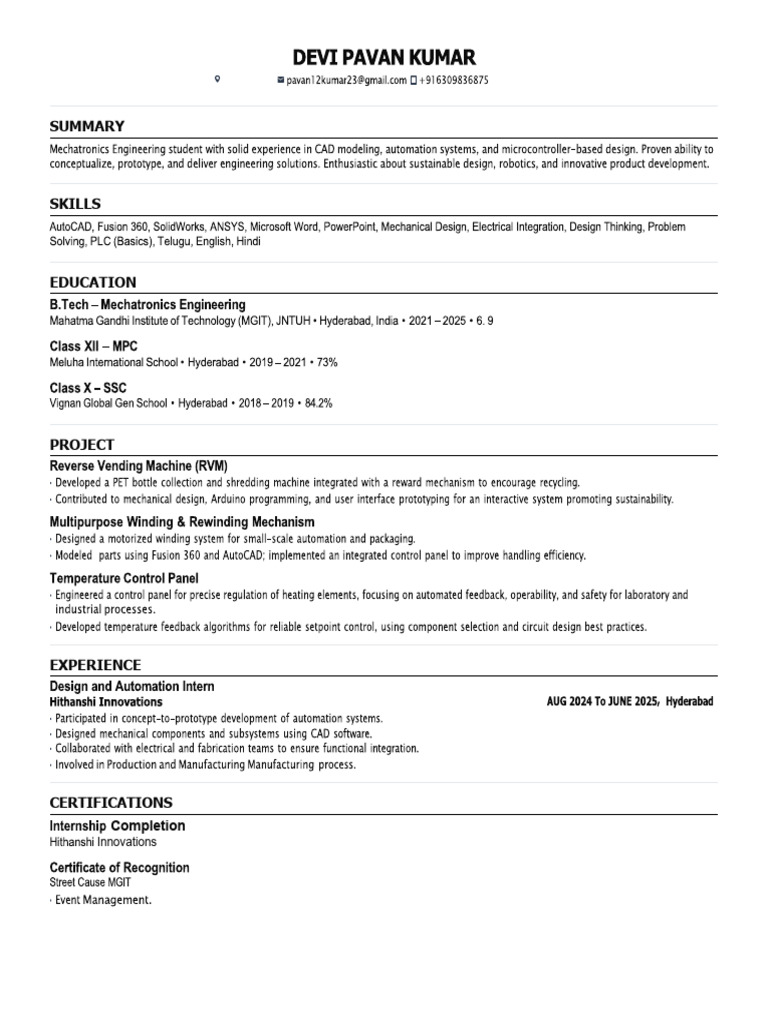 Devi Pavan Kumar's Resume | PDF