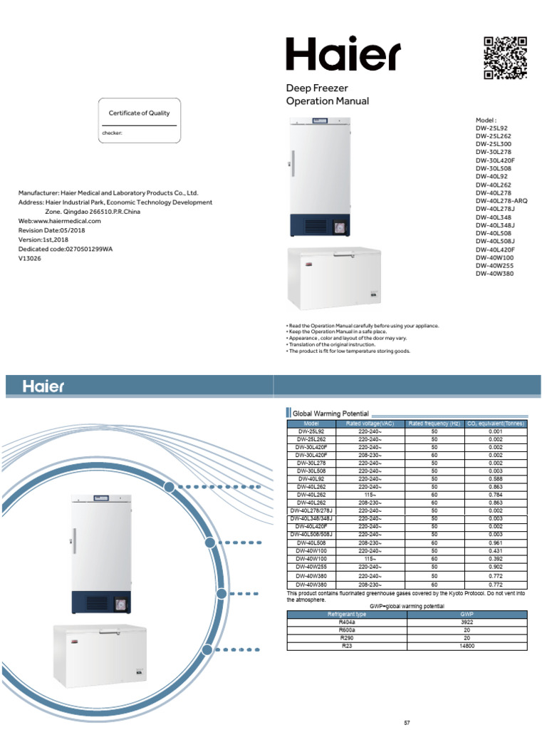 Haier Freezers DW 30L420F Manual | PDF | Refrigerator | Ac Power Plugs ...