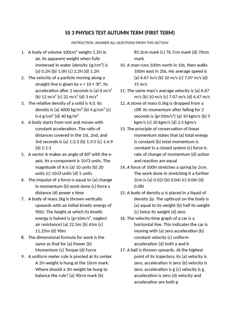 SS 3 Physics Autumn Term Test | PDF | Force | Acceleration