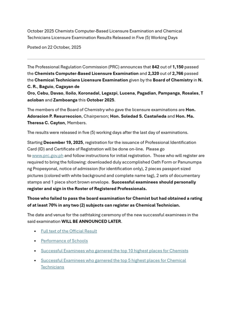 October 2025 Chemists Exam Results | PDF
