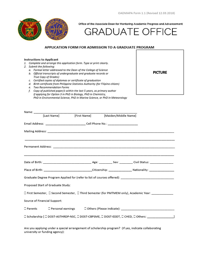 Graduate Program Admission Application Form | PDF | Postgraduate ...