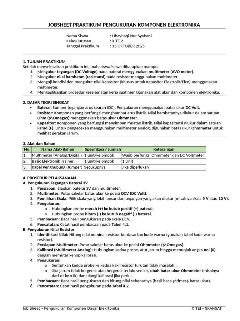Jobsheet - Praktikum Pengukuran Komponen Elektronika | PDF