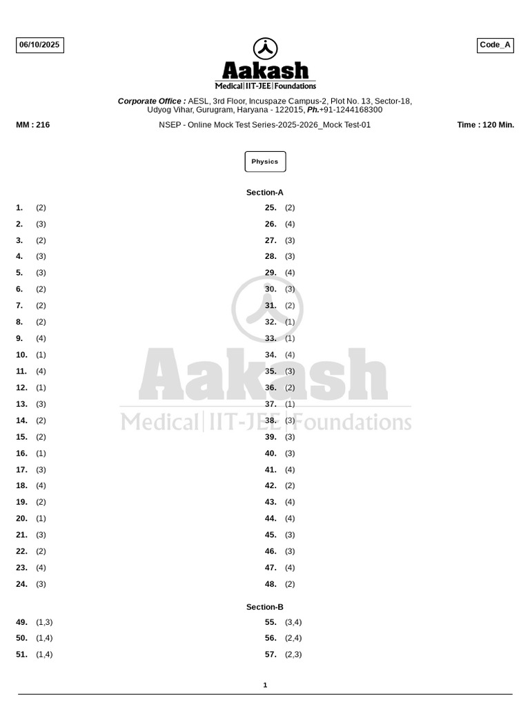 NSE Physics Mock Test-01 (06!10!2025) Sol | PDF | Optics | Applied And ...