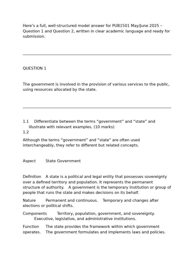 PUB1501 Model Answers for 2025 Exam | PDF | Social Contract | Political ...