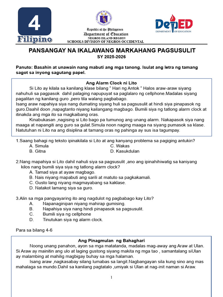 Filipino 4 - Ikalawang Markahang Pagsusulit | PDF