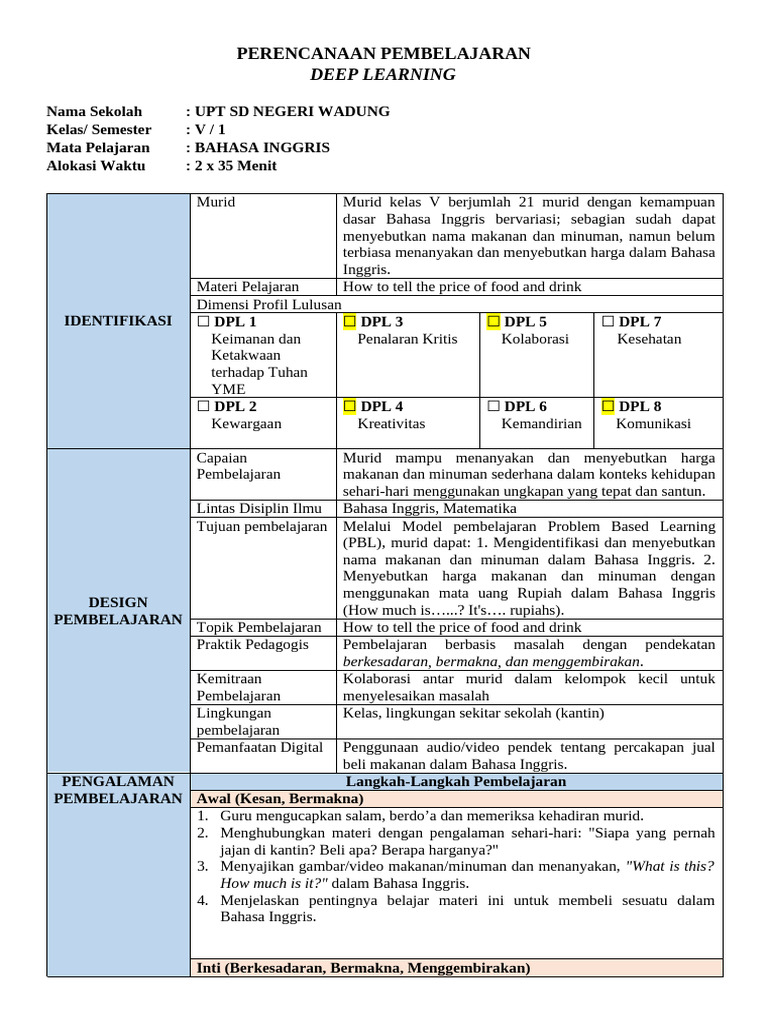 Template Perencanaan Pembelajaran Deep Learning PBL | PDF