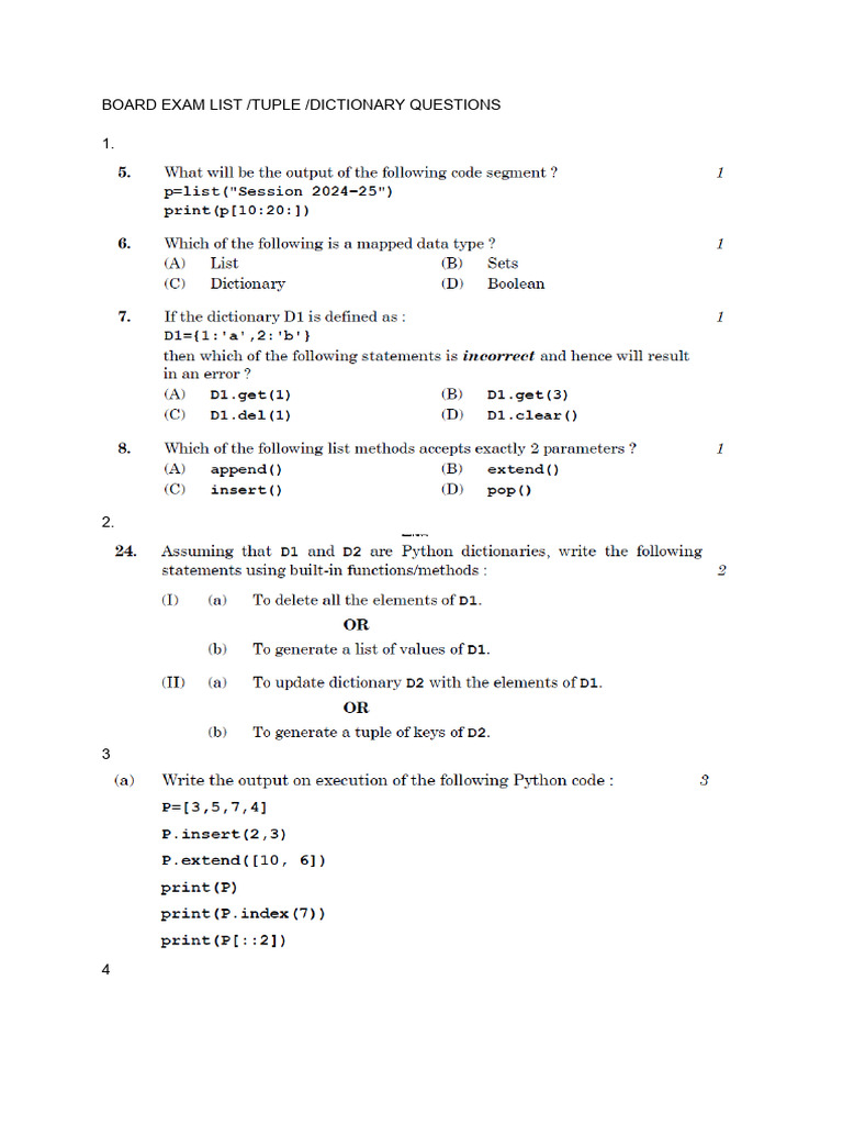 Board Exam List - Tuple - Dictionary Questions | PDF