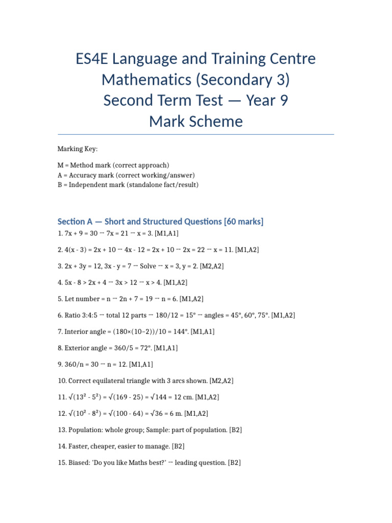 Year 9 Math Test Mark Scheme | PDF