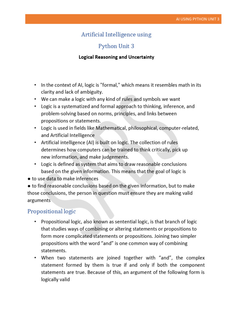 Artificial Intelligence Using Python Unit 3 | PDF | Logic | First Order Logic