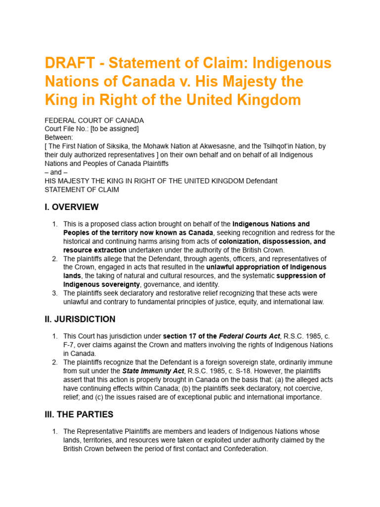 DRAFT - Statement of Claim: Indigenous Nations of Canada v. His Majesty ...