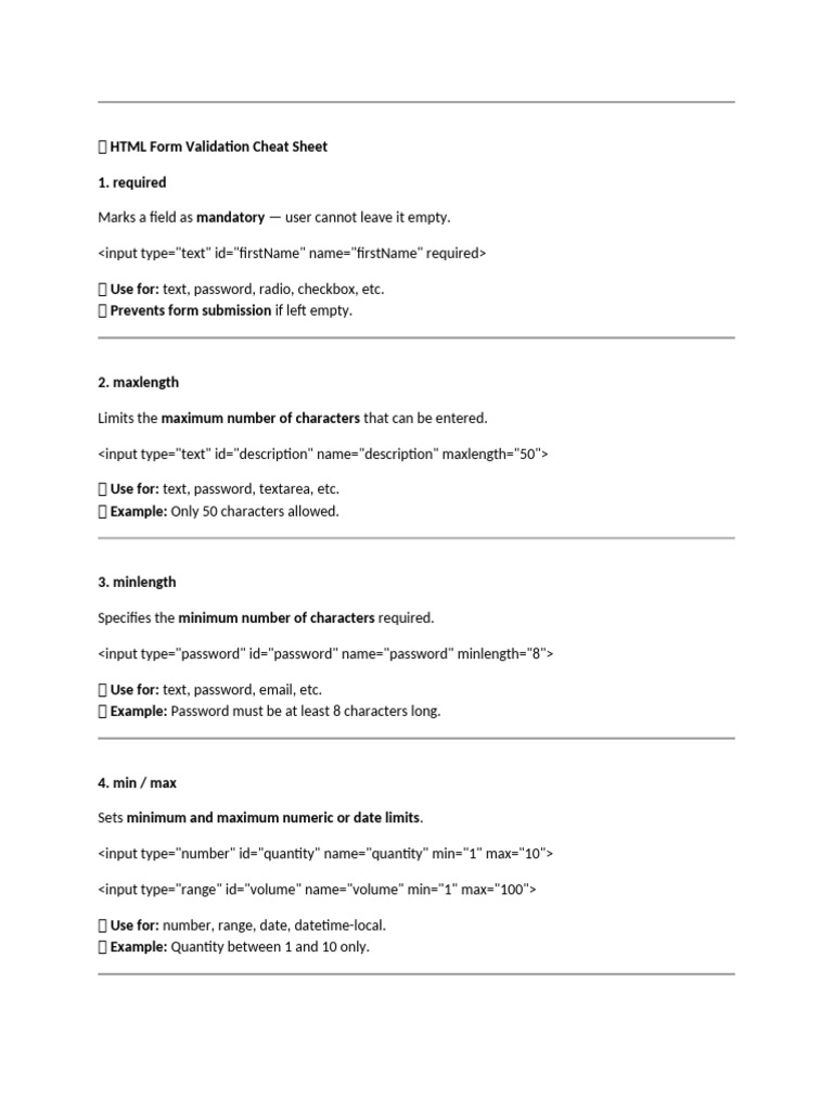 HTML Form Validation Cheat Sheet | PDF
