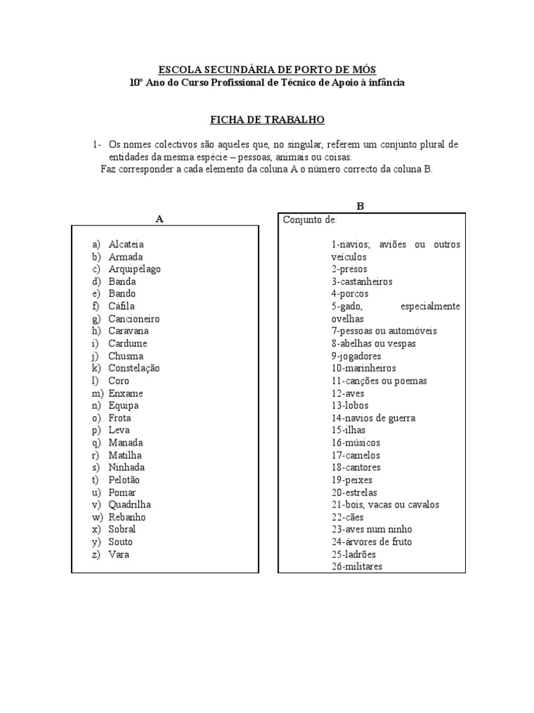Ficha de Gramática - Nomes Colectivos | PDF