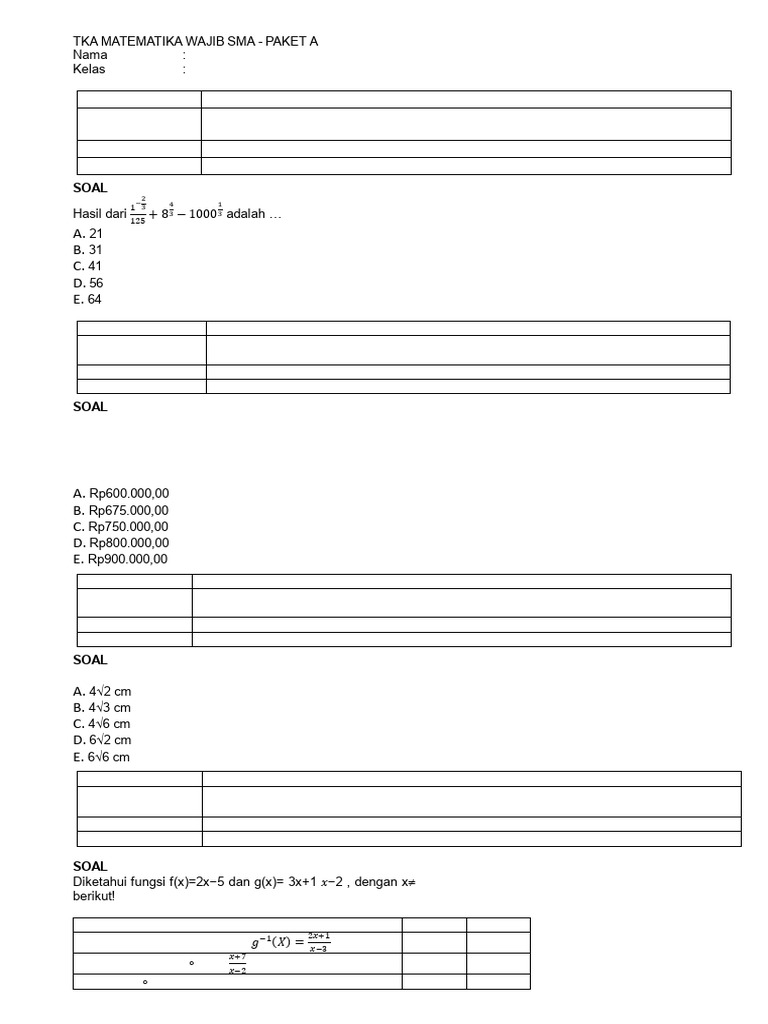 Soal TKA Matematika Wajib SMA Paket A | PDF