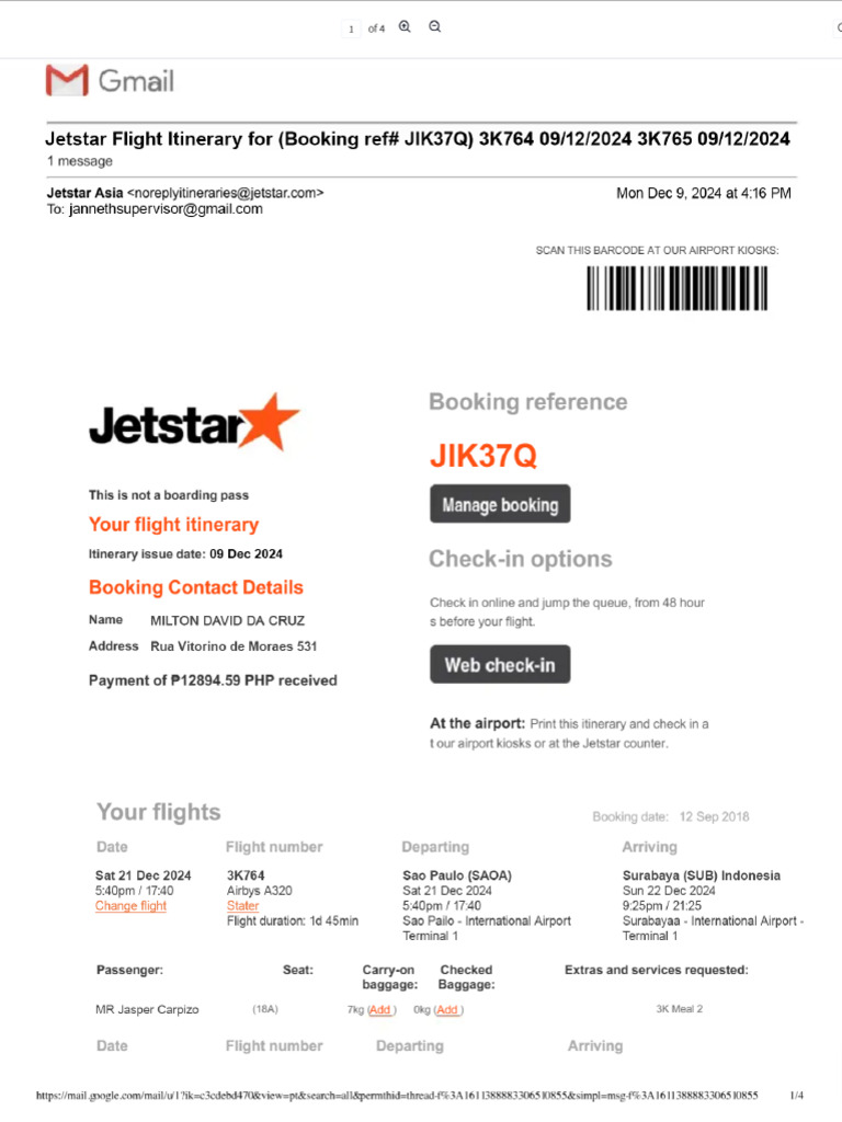 Jetstar Flight Itinerary | PDF