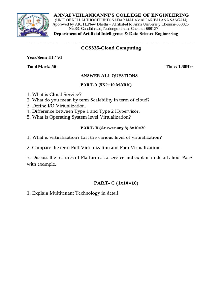 Cloud Computing Question Paper Int 1 | PDF