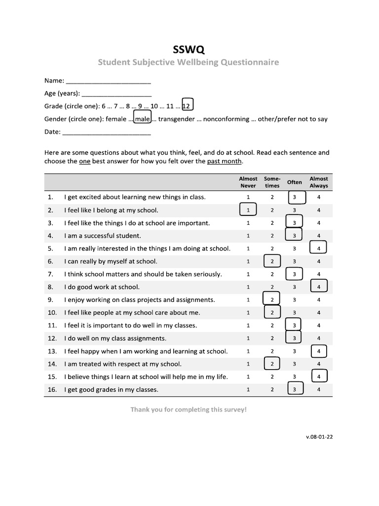 Student Subjective Wellbeing Questionnaire | PDF