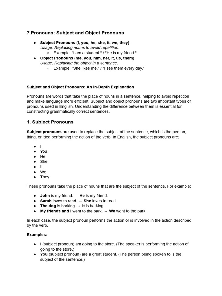 Subject vs. Object Pronouns Explained | PDF | Verb | Subject (Grammar)