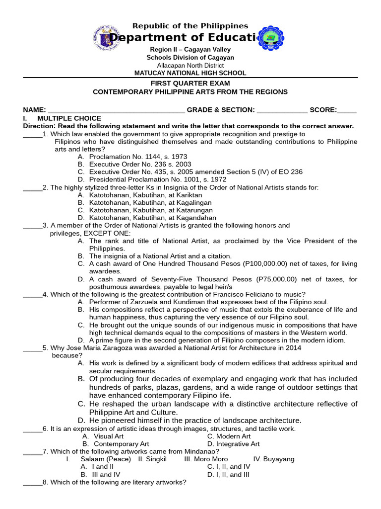 Cpar 1st Quarter Exam | PDF | Philippines | The Arts