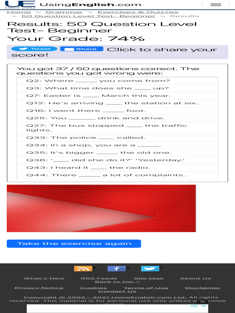 Results 50 Question Level Test - Beginner - Online Language Quiz | PDF