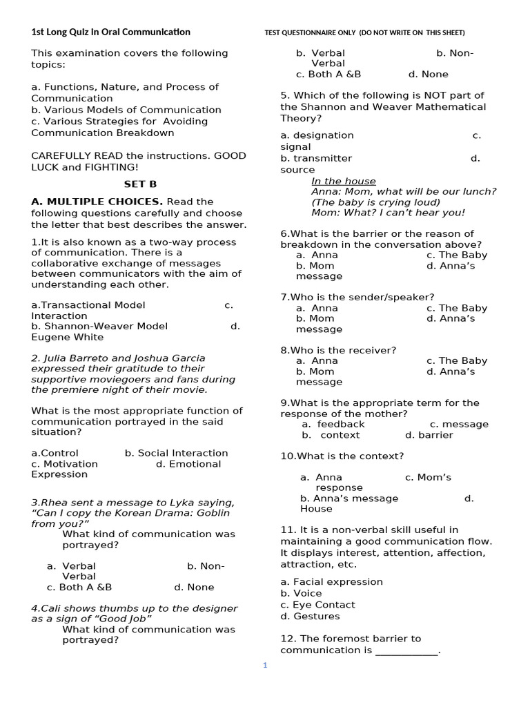 1st-Long Quiz In-Oral Communication SET B | PDF | Communication ...