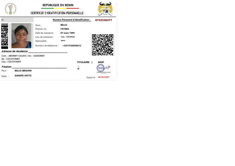 Carte d'identité de Fatima Bello | PDF