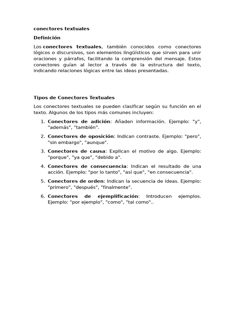 Tipos y definición de conectores textuales | PDF