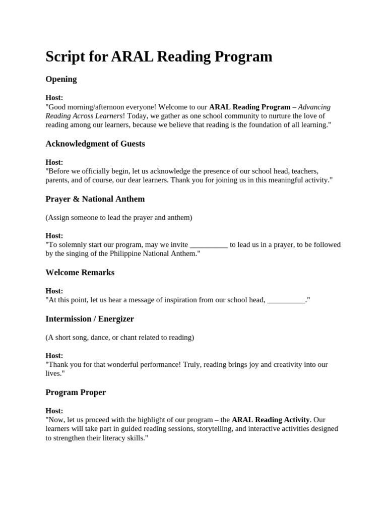 ARAL Reading Program Kick-Off Script | PDF | Behavior Modification ...