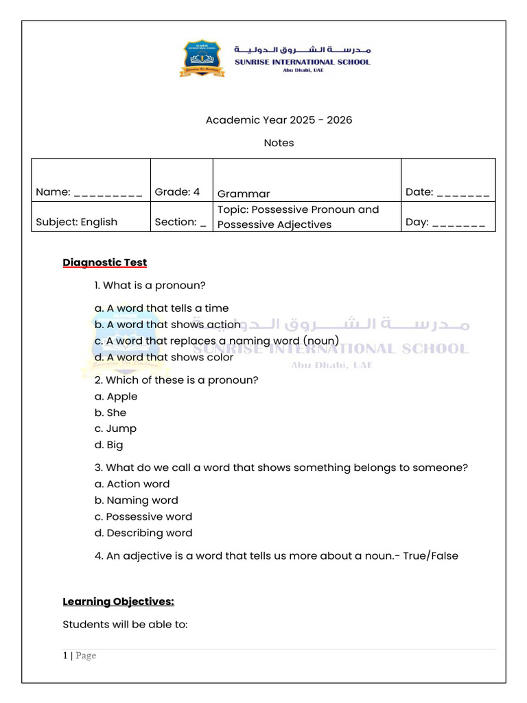 Notes - Possessive Pronouns and Adjectives | PDF | Pronoun | Adjective