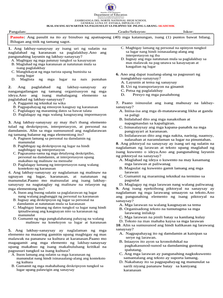 Akademik Piling Larang Q2 Exam | PDF