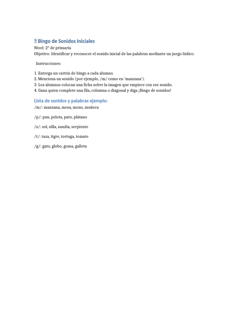Bingo de Sonidos Iniciales 2do Primaria | PDF