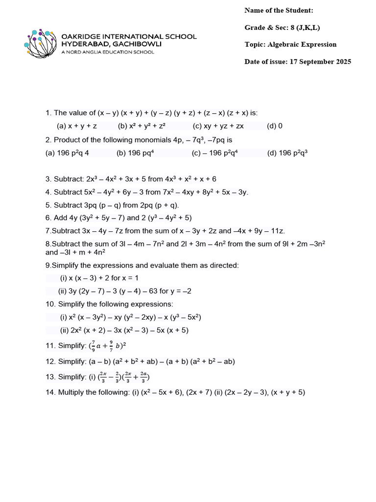 OISG CBSE GRADE 8 Mathematics Algebraic Expression Worksheet | PDF