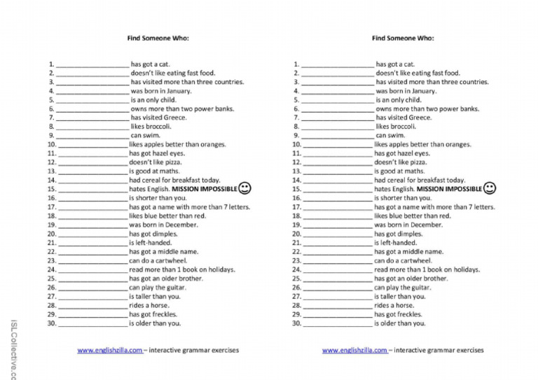Printing - English ESL Worksheet Find Someone Who 2 | PDF