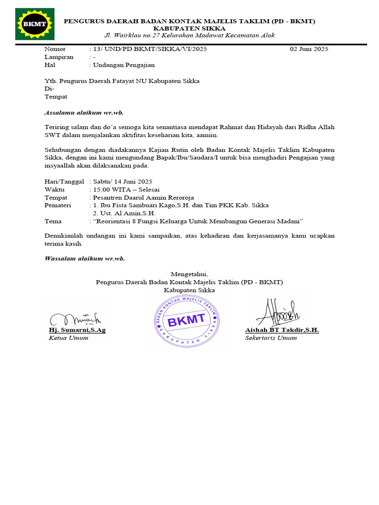 Surat Undangan Kajian PD Fatayat NU Kab. Sikka | PDF