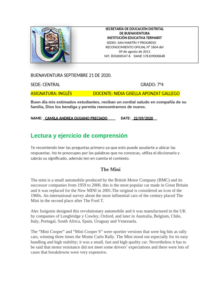 Lectura y Ejercicio de Comprensión Grado 7.4 2° Periodo. | PDF | Mini | Car
