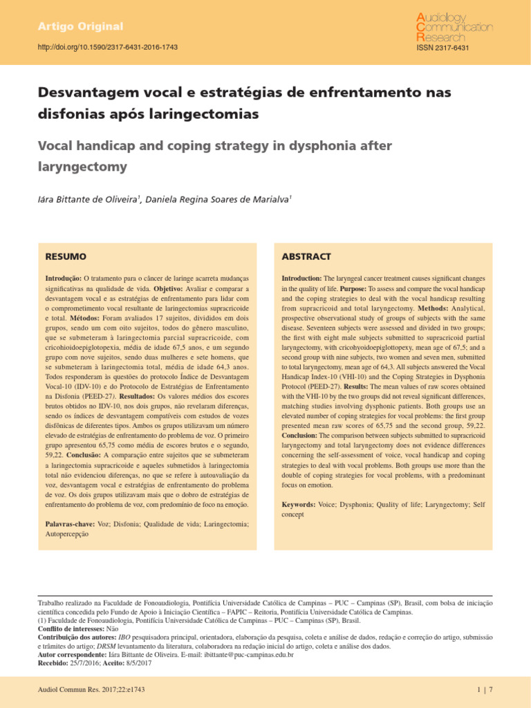 Desvantagem Vocal e Enfrentamento em Laringectomias | PDF | Câncer ...