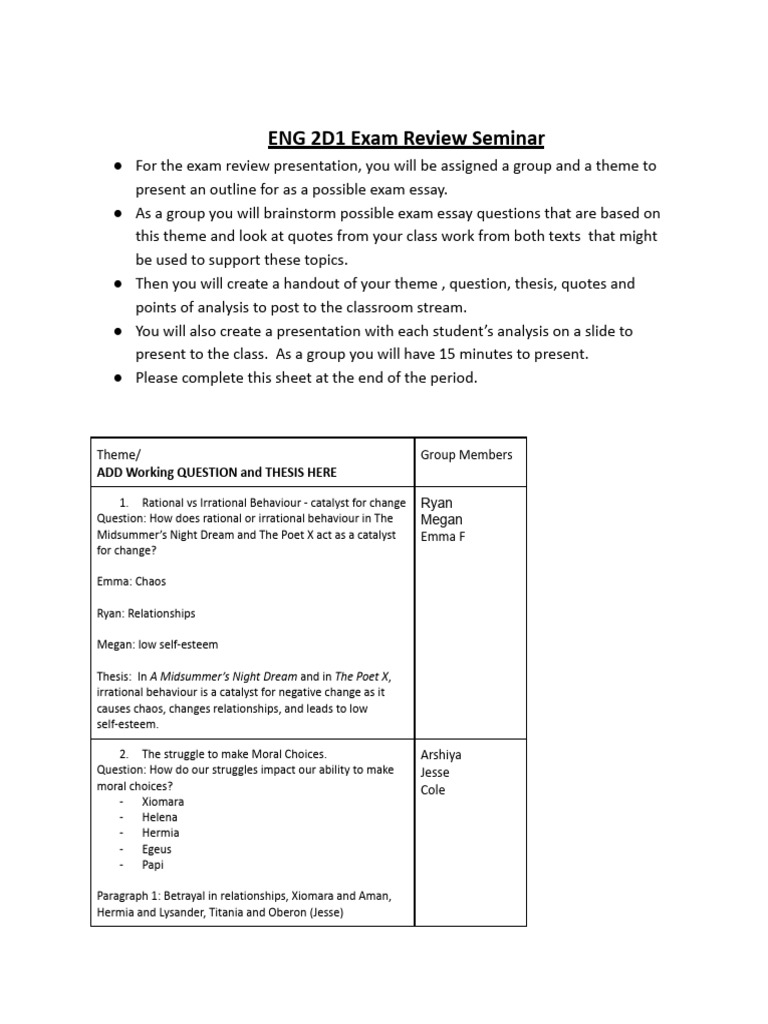 ENG 2D1 Exam Review Seminar | PDF | A Midsummer Night's Dream