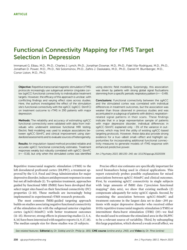Functional Connectivity Mapping For RTMS Target Selection in Depression ...