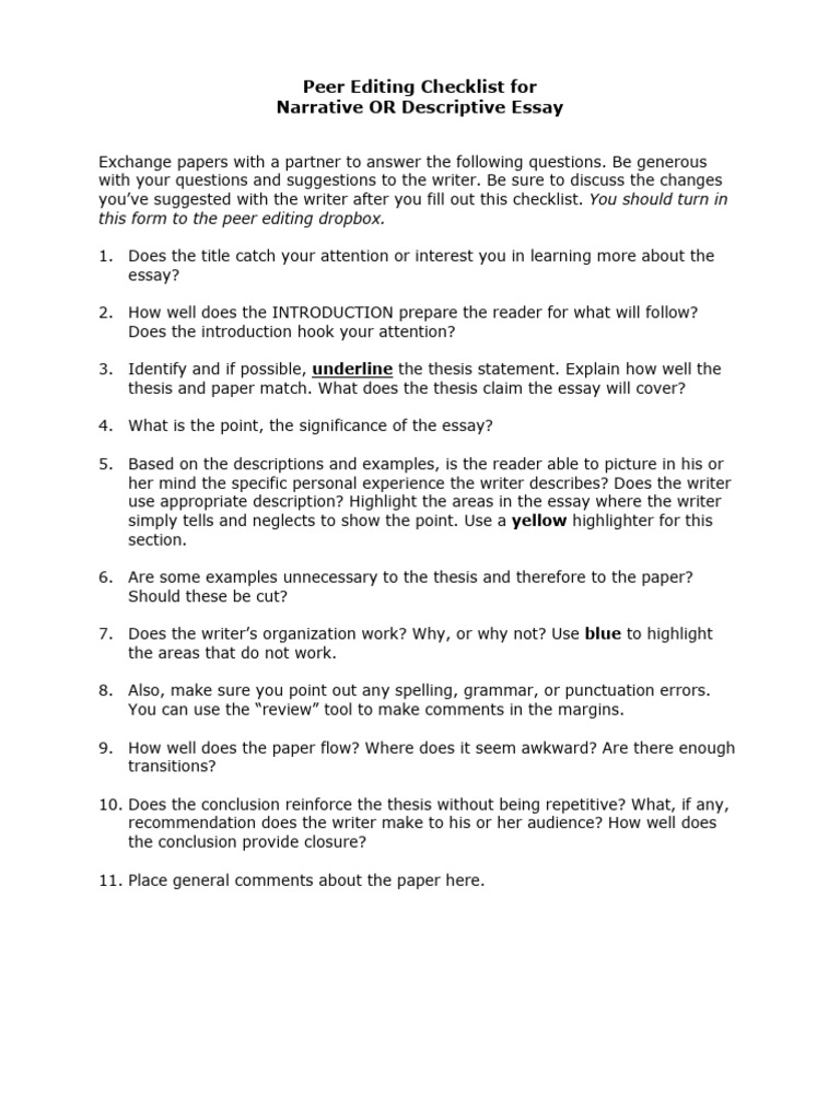 Peer Editing Checklist Narrative Essay | PDF