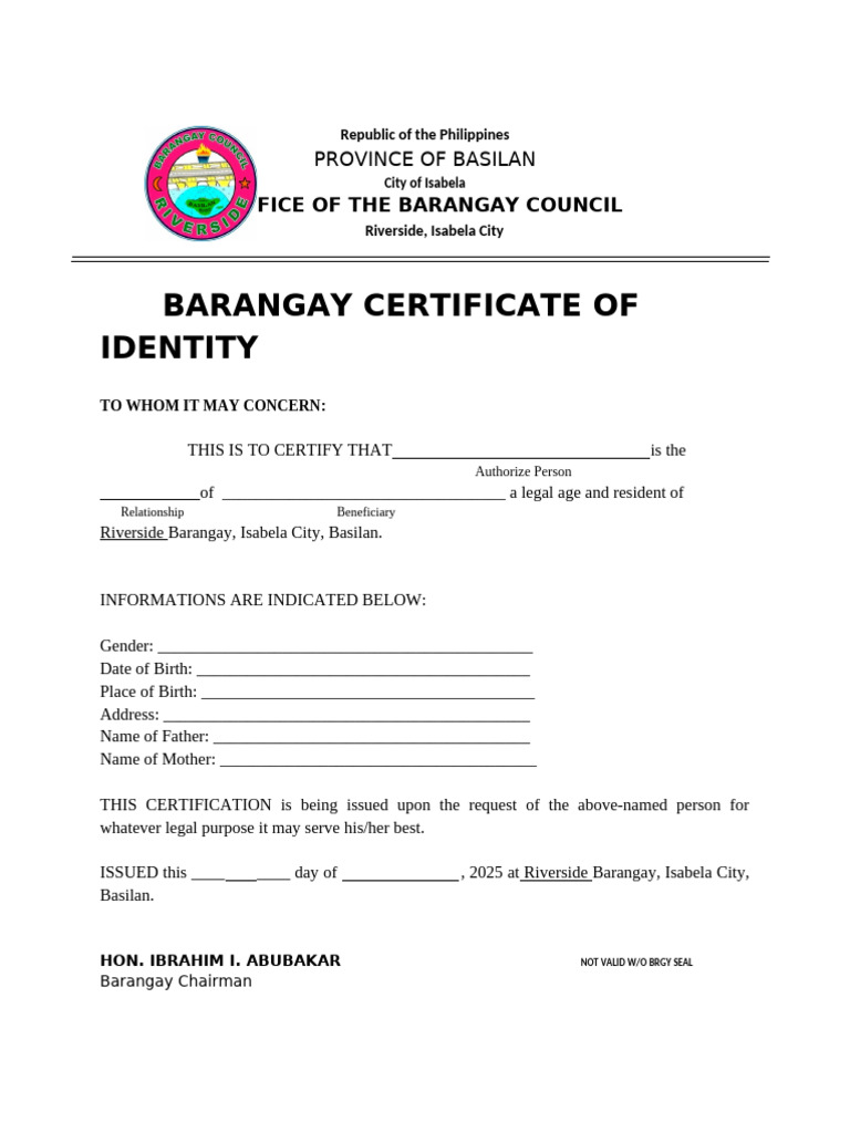 Barangay Cert To Identity | PDF