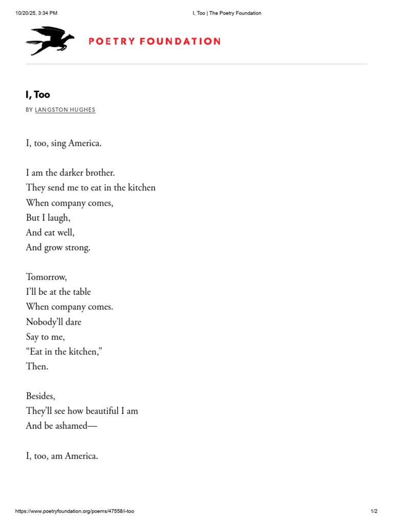 I, Too: A Poem by Langston Hughes | PDF