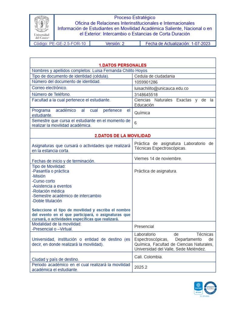 PE GE 2.5 For 10 Informacion Estudiantes en Movilidad Saliente V2 | PDF ...
