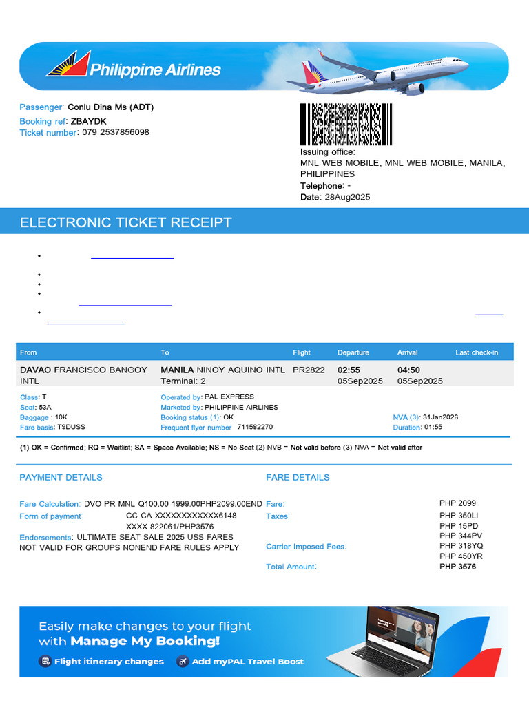 Electronic Ticket Receipt 05SEP For DINA CONLU | PDF