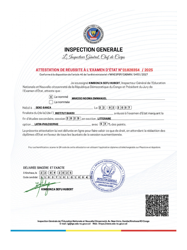 Attestation Makoso Ngoma Emmanuel | PDF