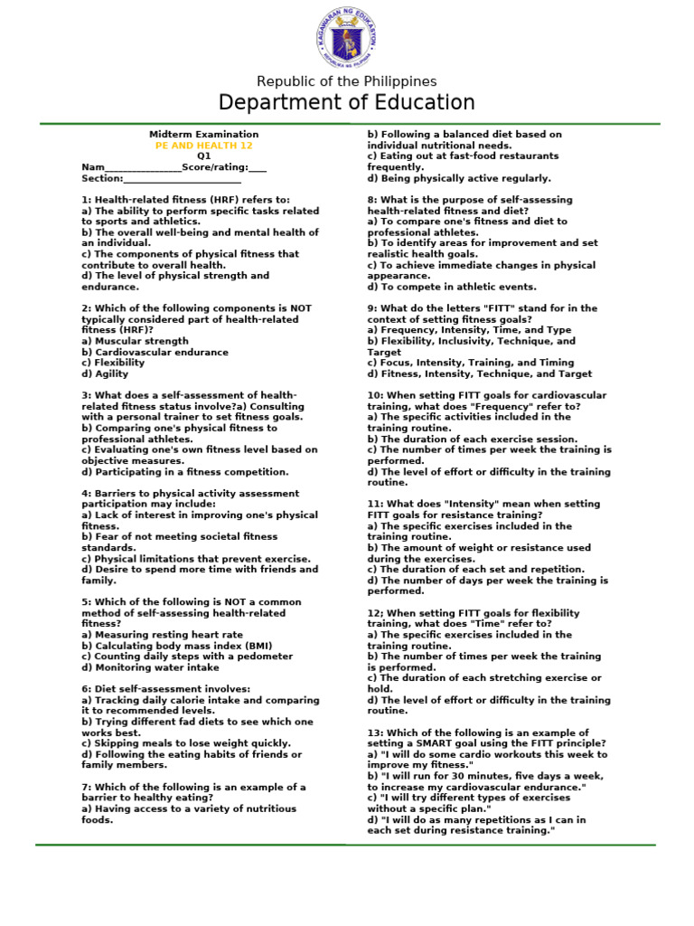 Midterm Examination - PE 3 - Q1 | PDF | Physical Fitness | Heart Rate